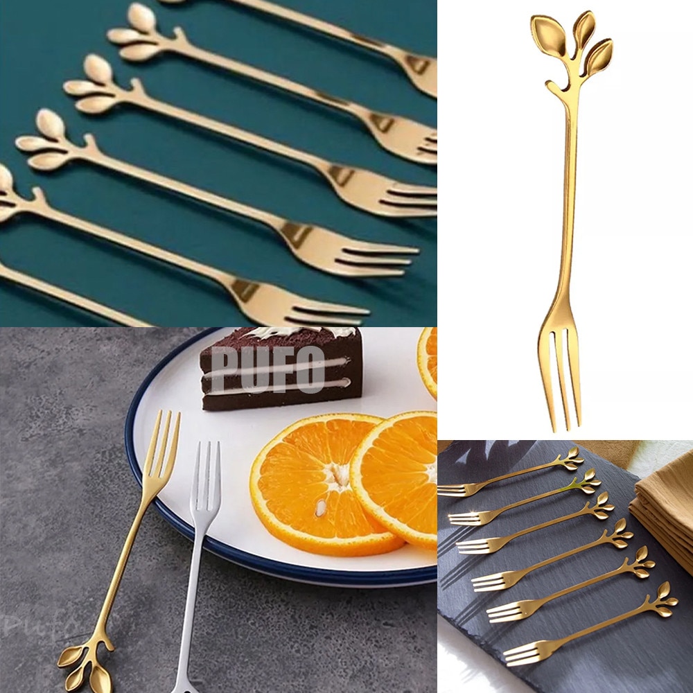 Set 6 furculite Pufo Leaf pentru desert, fructe, otel, maner in forma ...