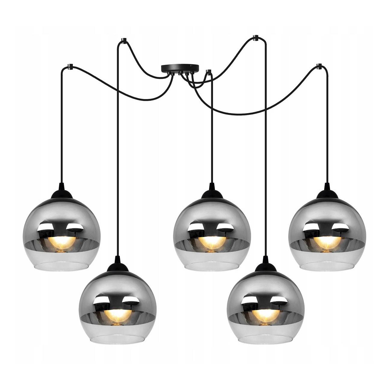 Lustra suspendata cu 5 surse de lumina, cu abajur rotund din sticla ...