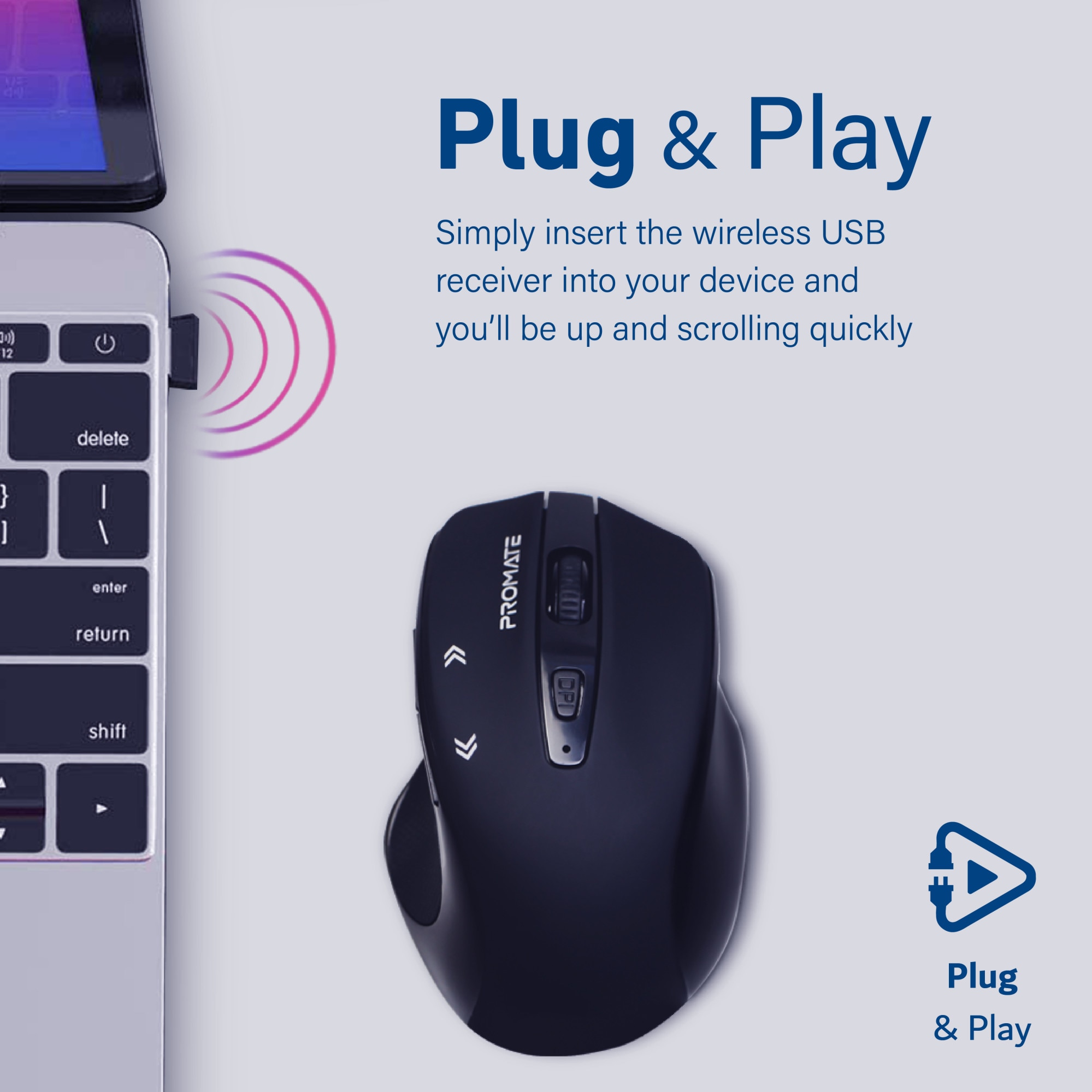 Мишка ProMate, Cursor, EZGrip, Ergonomic Wireless Mouse, 800/1200/1600Dpi, Quick Forward/Back ...