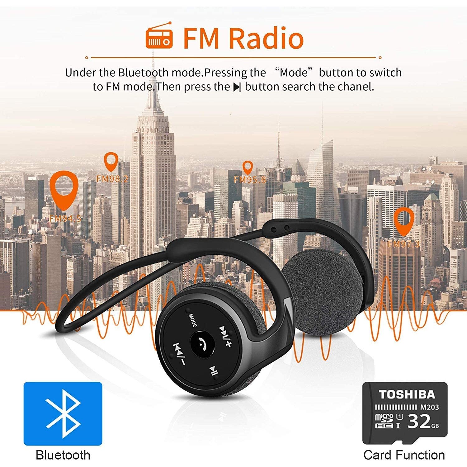Casti On Ear Cuffie Sport, Bluetooth, Radio FM, Black - eMAG.ro