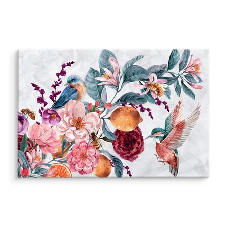 Tablou Pasari Colorate Printre Compozitia De Flori, Pictate Cu Acuarele ...