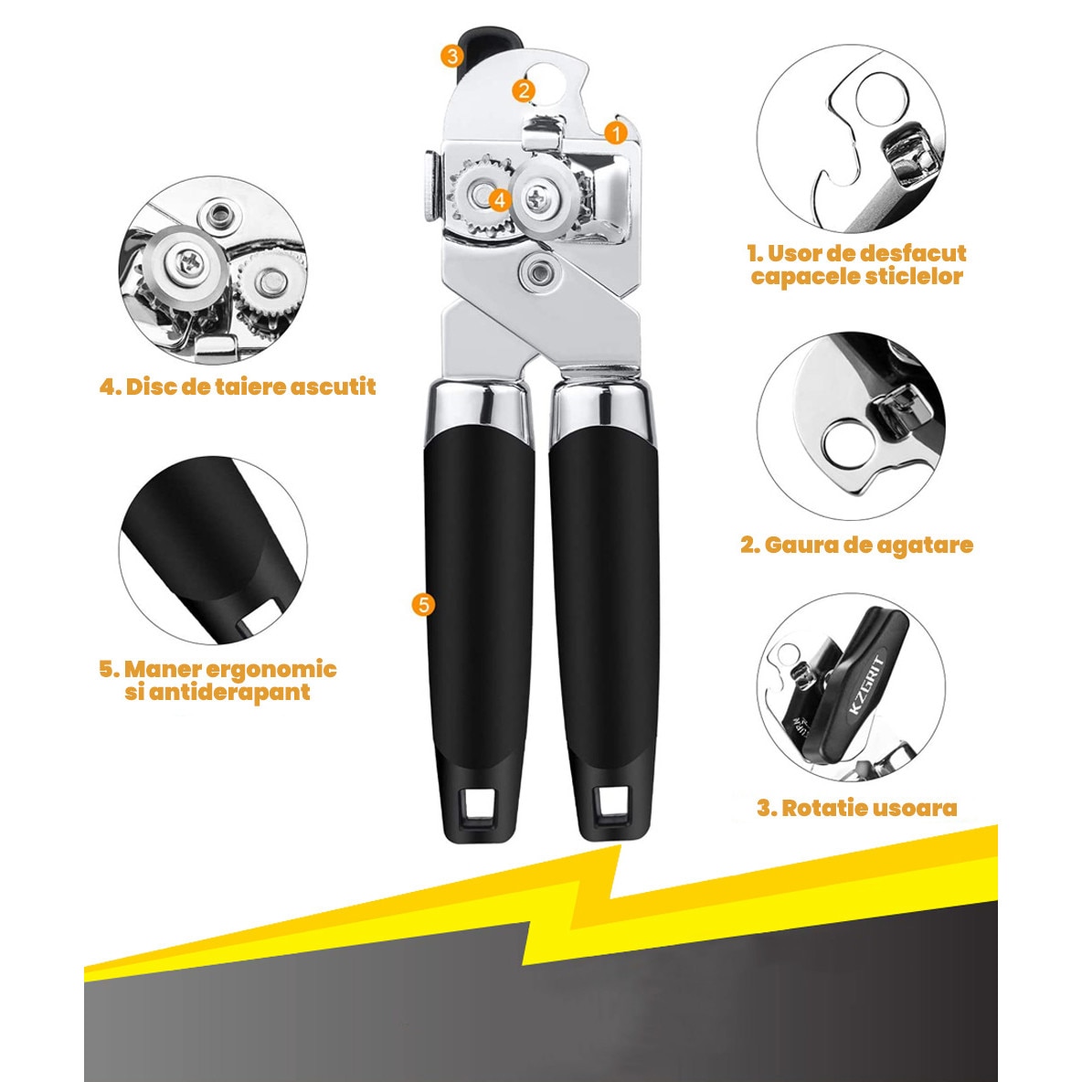 Desfacator de conserve 3 in 1, Otel inoxidabil, Maner antialunecare ...