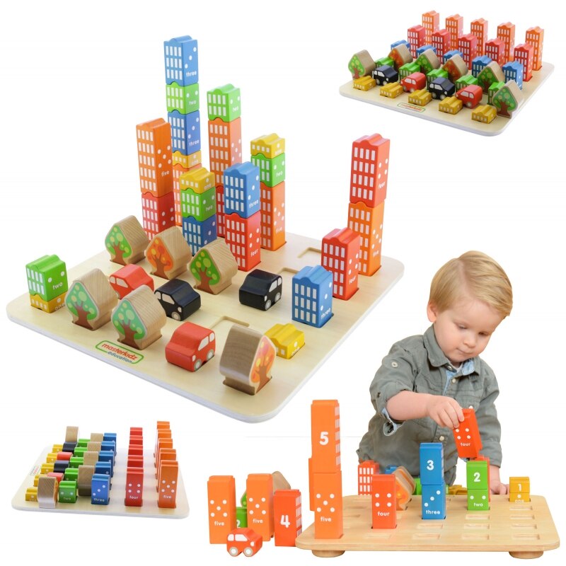 Cuburi constructie oras pentru copii, Masterkidz, Lemn, Multicolor, 2 ...