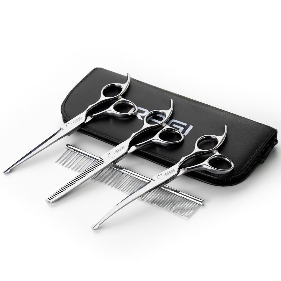 Set profesional 3 foarfece de tuns si filat, RAGI, din otel, cu piepten ...