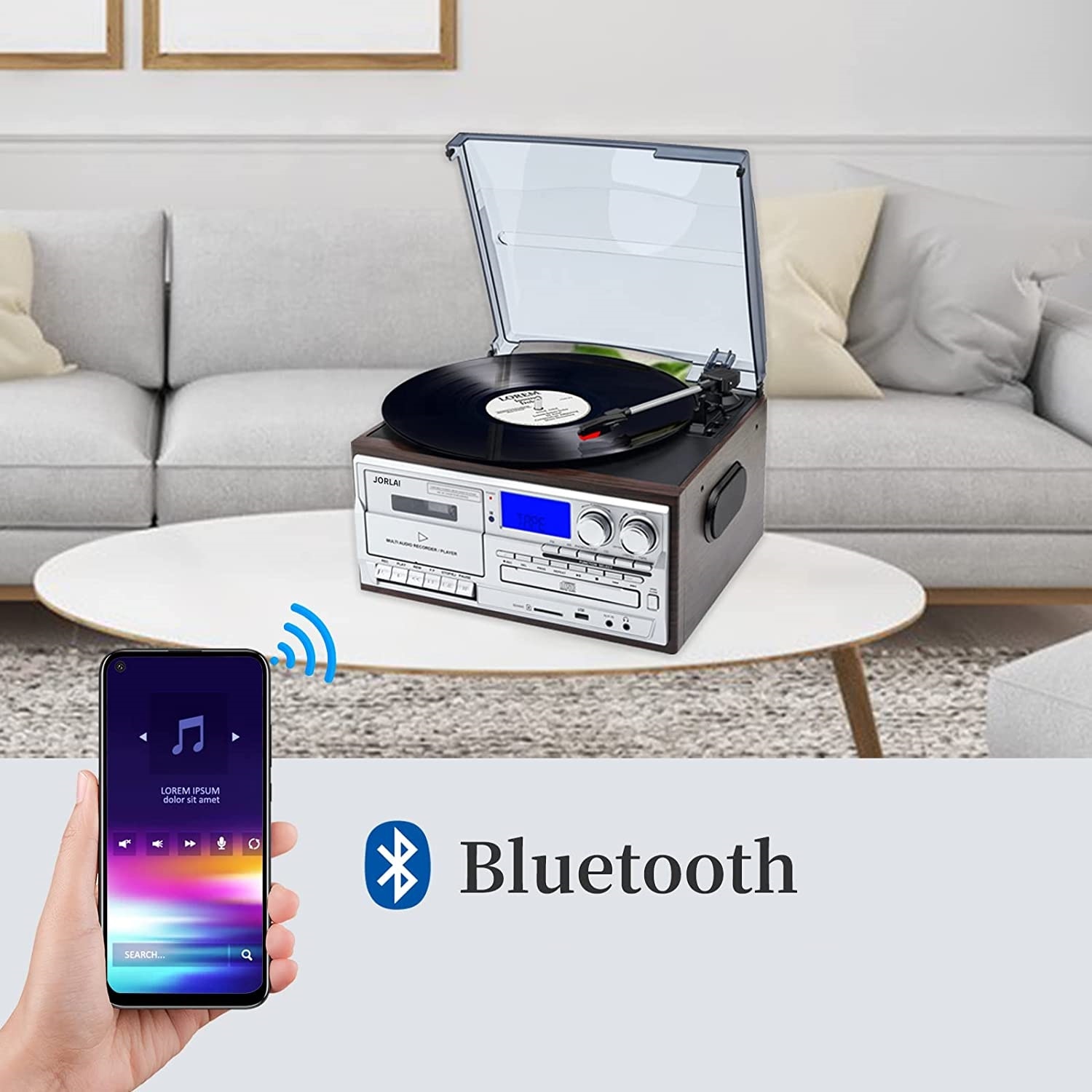 Pick-up stereo cu Bluetooth, Radio FM, Casetofon, USB, card SD, CD ...