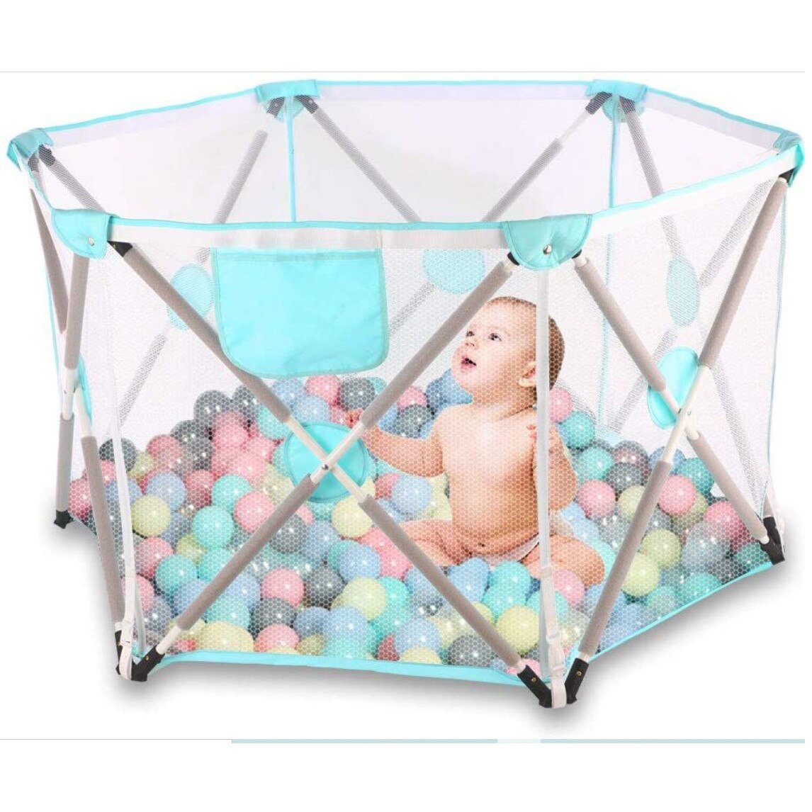 Tarc de joaca copii hexagonal pliabil Mamakids Alb/Mint, 140x78 cm ...