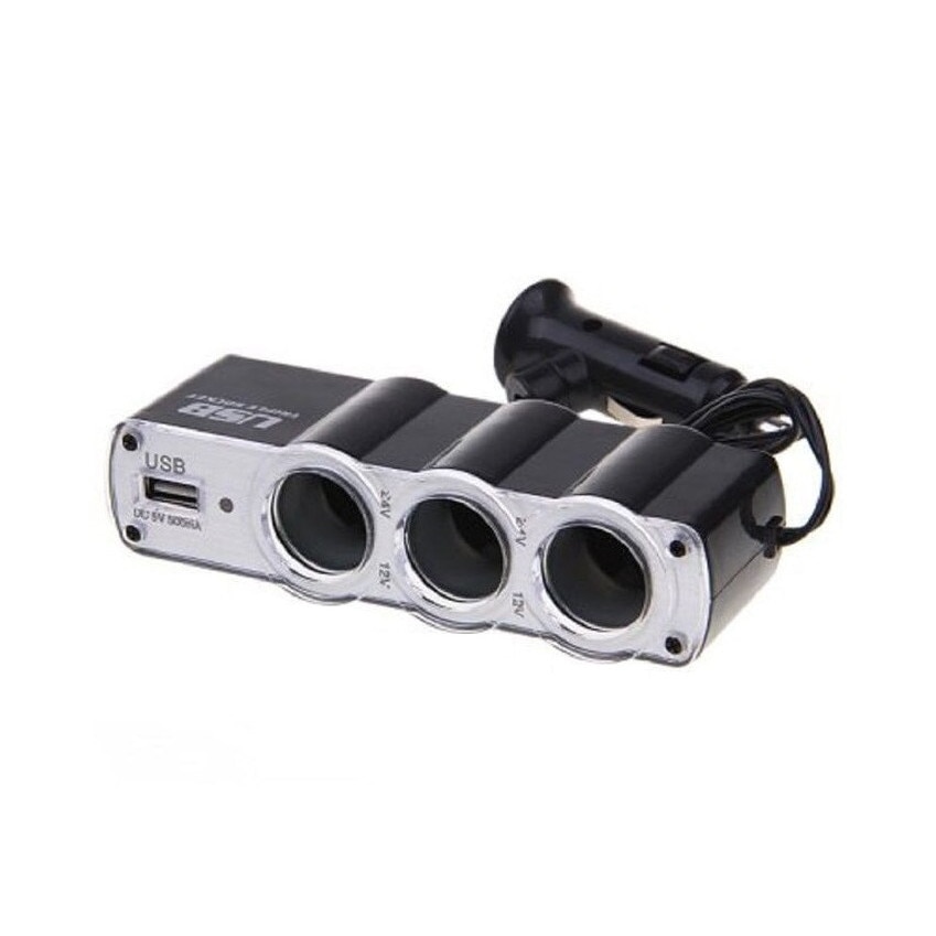 Adaptor Priza Auto, 60W, 3 x Soclu Auto, cu USB, Lungime Cablu 70cm ...