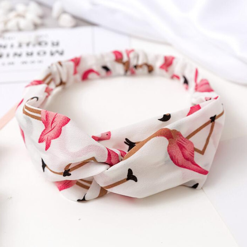 Bentita pentru par elastica, model flamingo, alba cu imprimeu roz ...