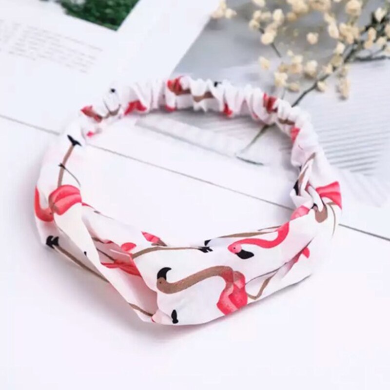 Bentita pentru par elastica, model flamingo, alba cu imprimeu roz ...