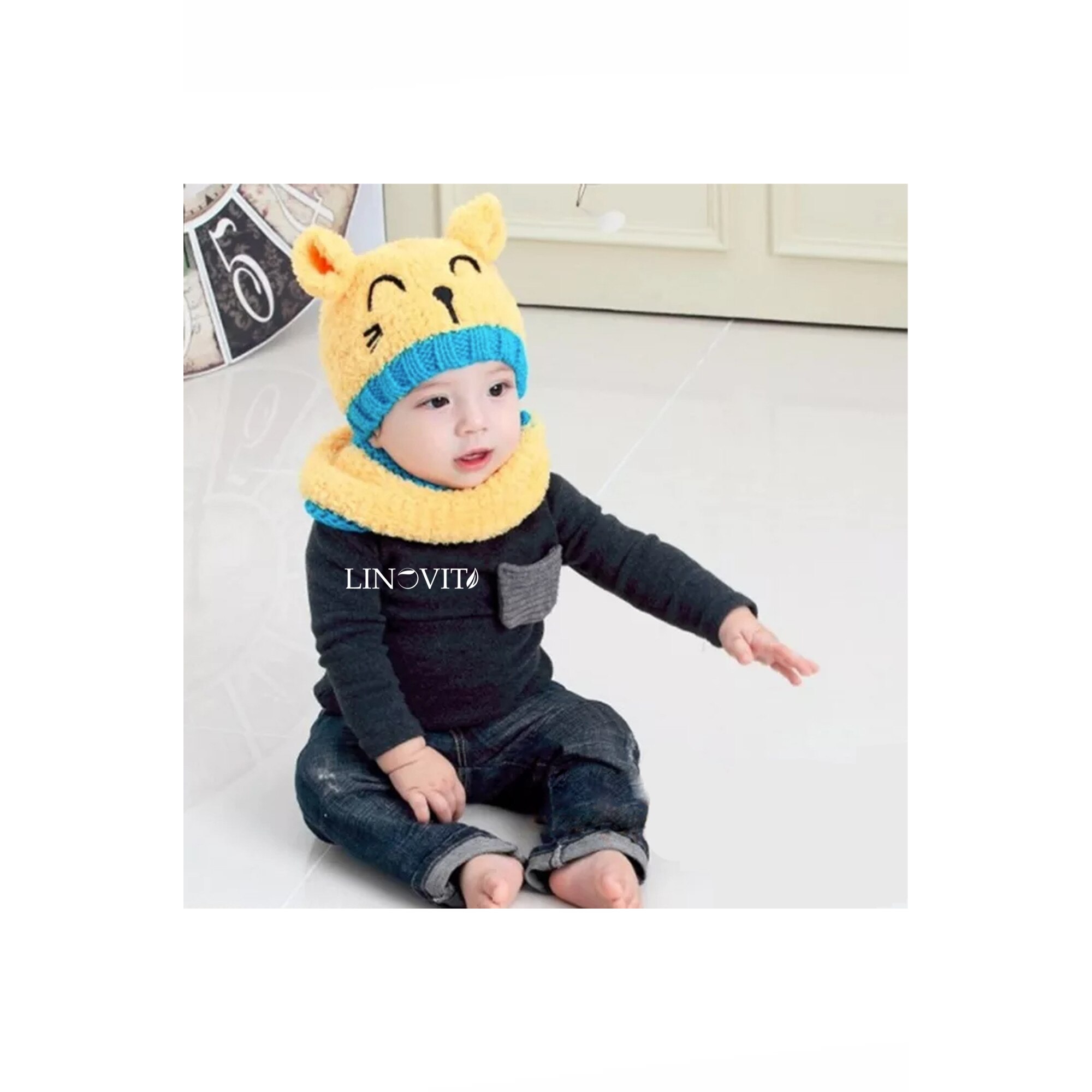 Set caciula si fular de iarna pentru copii, Model pisica, Galben ...