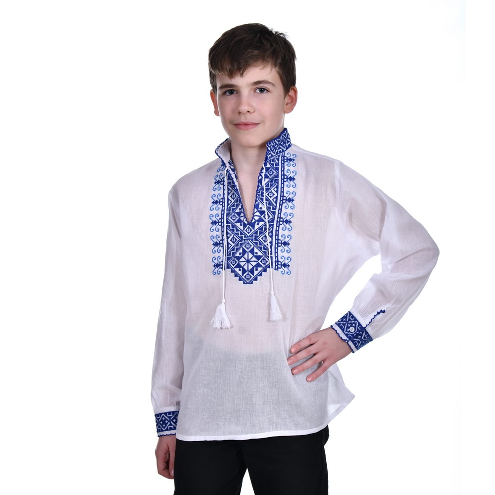 Ie nationala baietel, alba, broderie albastra, 1 - 2 ani, DNK0147 - eMAG.ro