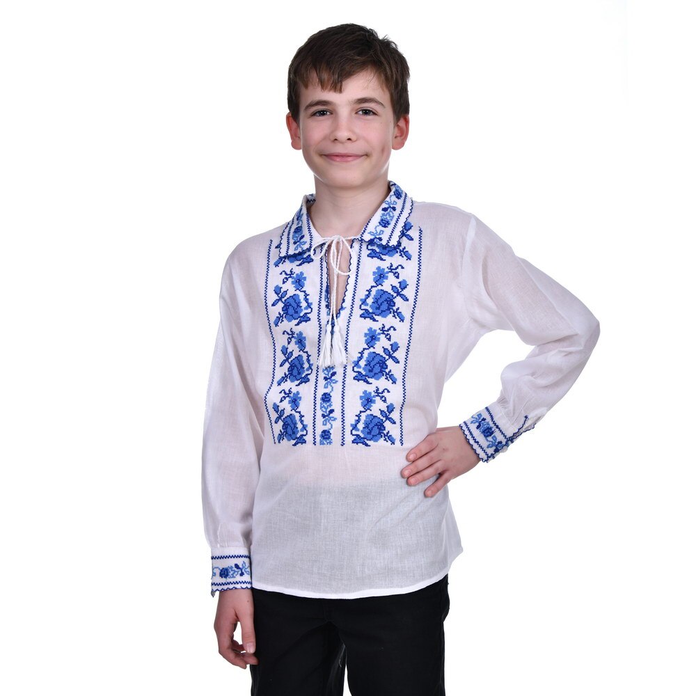 Ie nationala baiat, alba, broderie trandafiri bleu, 14 - 15 ani ...