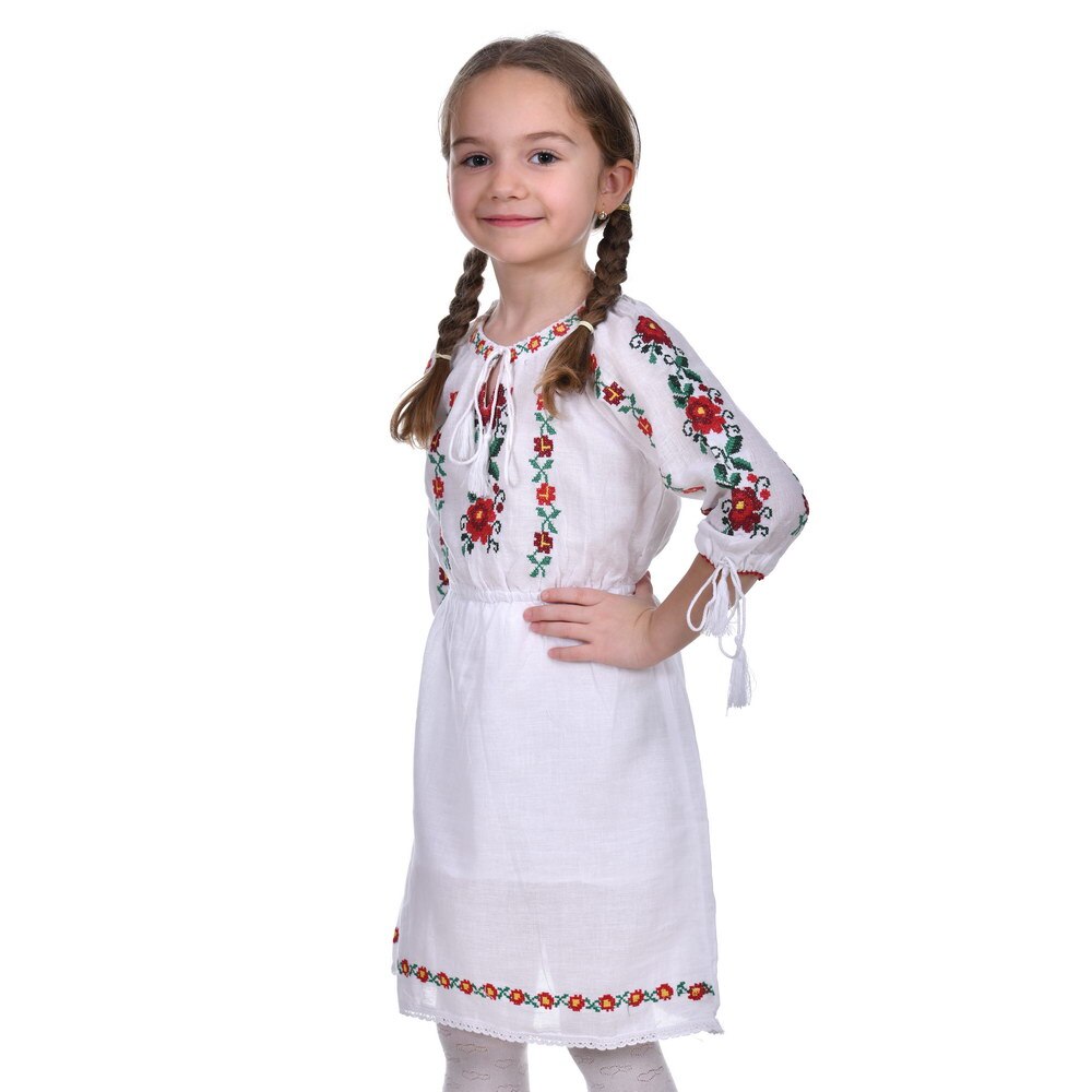 Rochie traditionala fetita, alba, broderie florala traditionala ...