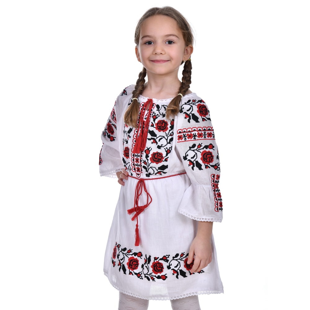 Rochie nationala fetita, alba, broderie florala rosie, cu cordon, 1 - 2 ...