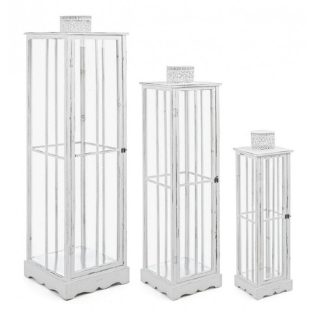 Set 3 felinare alb antichizat Astana 24x24x90 cm, 32x32x125 cm ...