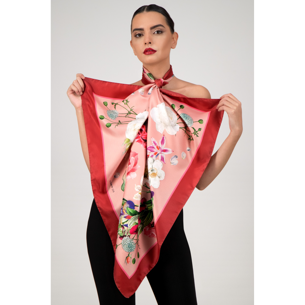 Batic matase Secret Garden, bordeaux/roz, 90 cm x 90 cm - eMAG.ro