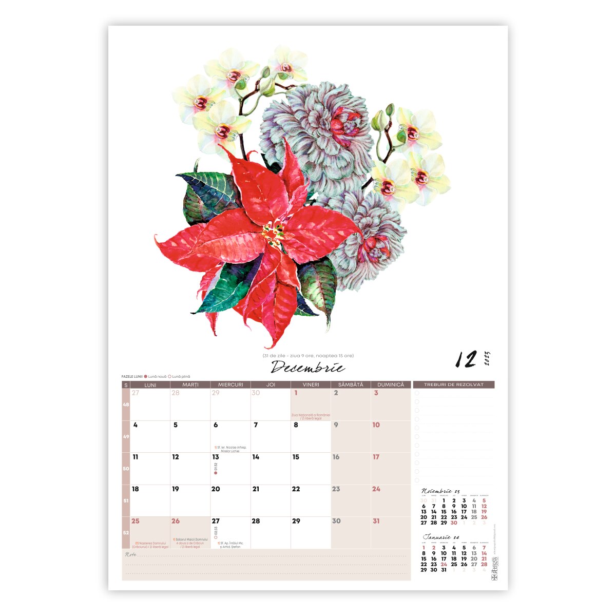 Calendar de perete 2023, Planificator lunar, Buchete Flori, acuarela ...