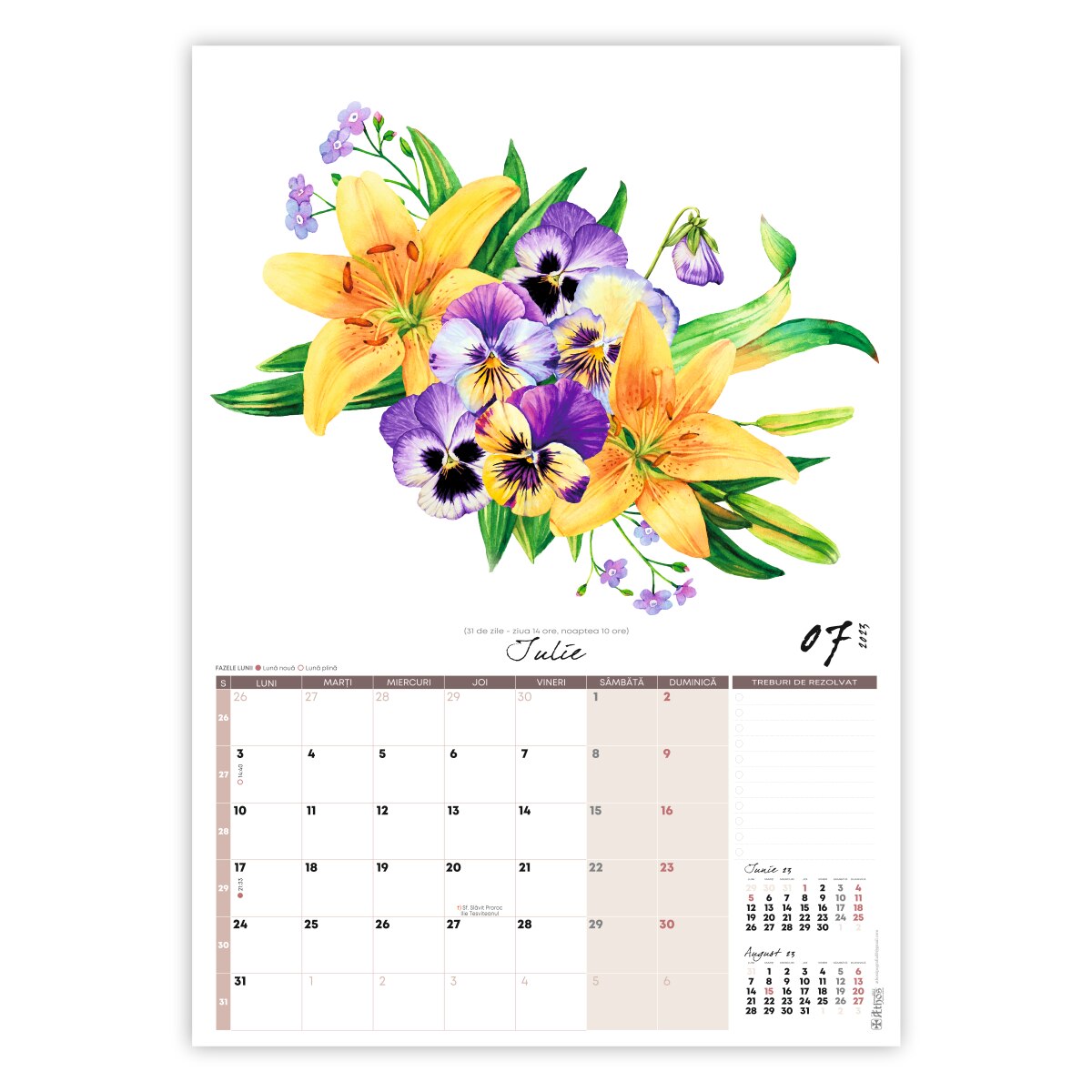 Calendar de perete 2023, Planificator lunar, Buchete Flori, acuarela ...