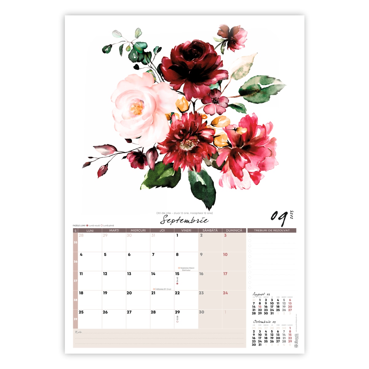 Calendar de perete 2023, Planificator lunar, Buchete Flori, acuarela ...