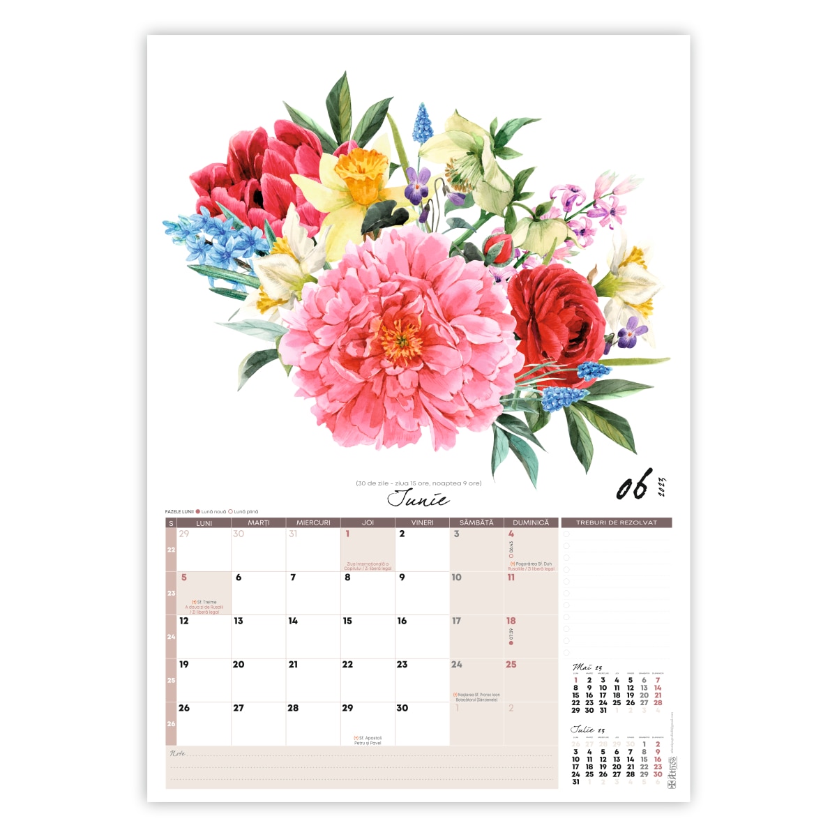 Calendar de perete 2023, Planificator lunar, Buchete Flori, acuarela ...