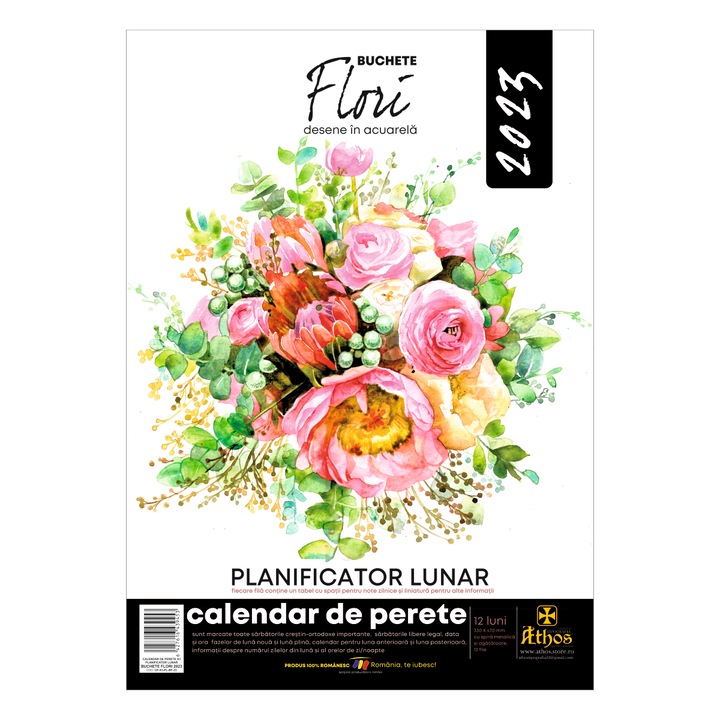 Calendar de perete 2023, Planificator lunar, Buchete Flori, acuarela ...