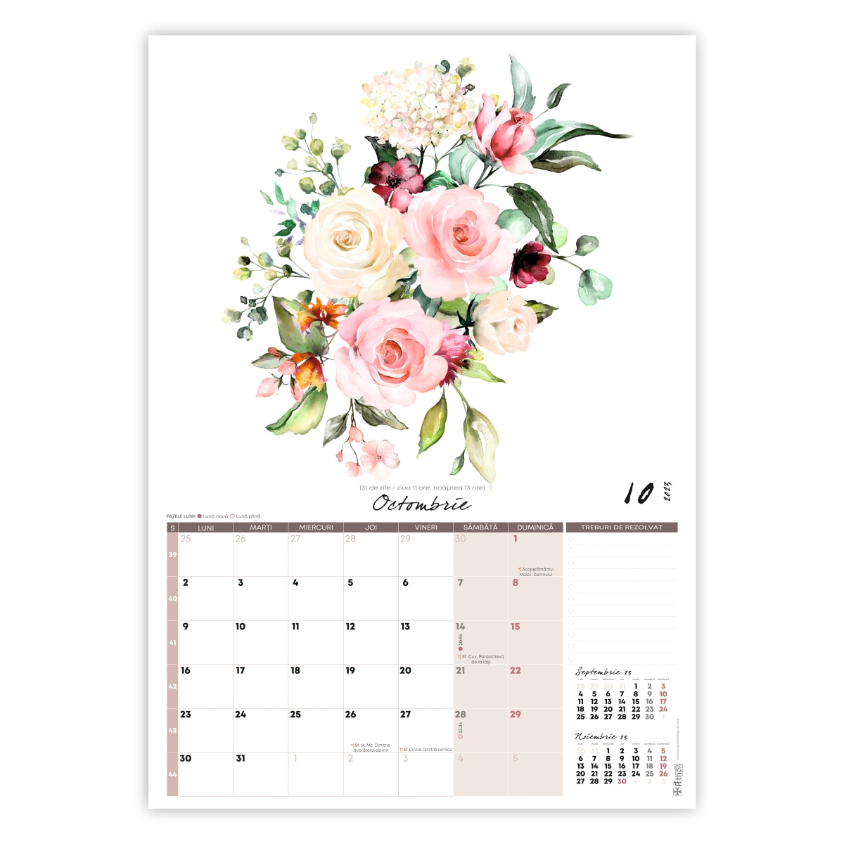 Calendar de perete 2023, Planificator lunar, Buchete Flori, acuarela ...