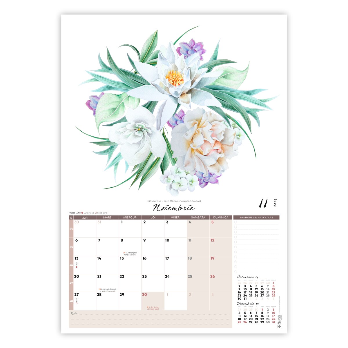 Calendar de perete 2023, Planificator lunar, Buchete Flori, acuarela ...