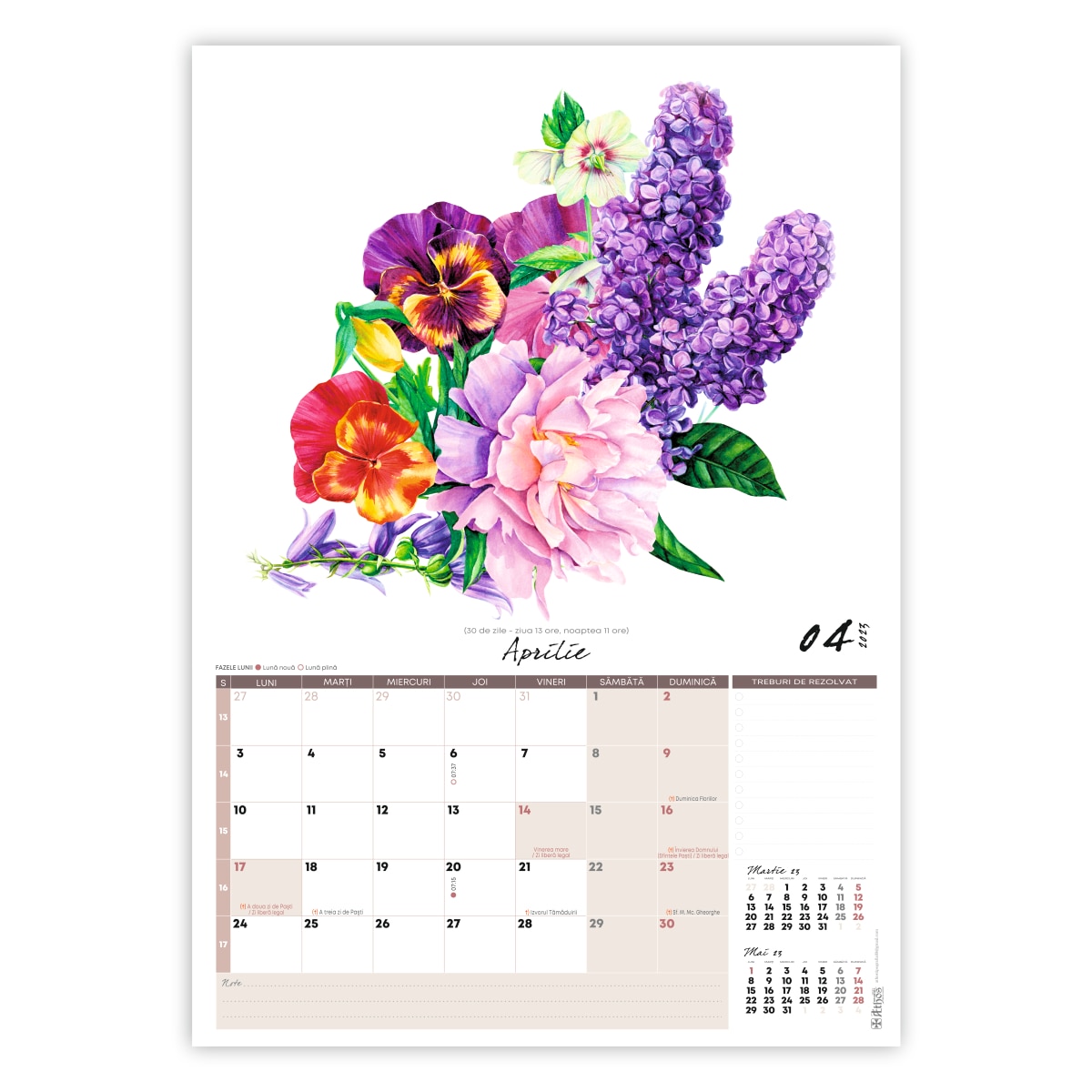 Calendar de perete 2023, Planificator lunar, Buchete Flori, acuarela ...