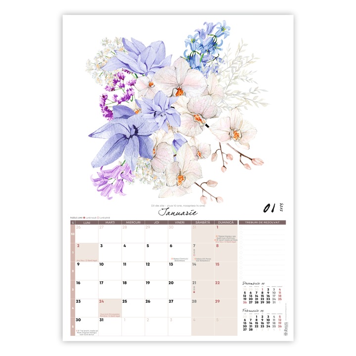 Calendar de perete 2023, Planificator lunar, Buchete Flori, acuarela ...
