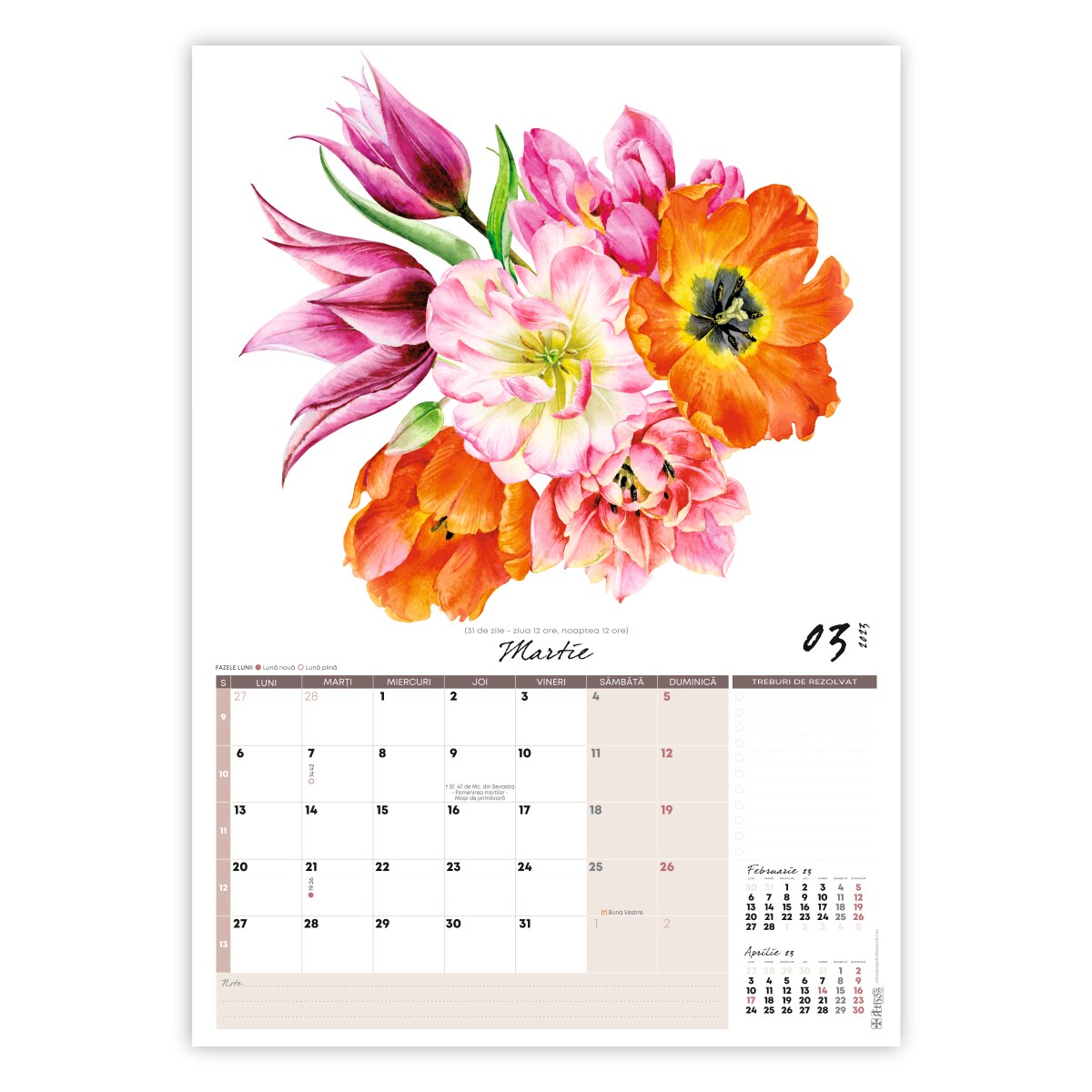 Calendar de perete 2023, Planificator lunar, Buchete Flori, acuarela ...