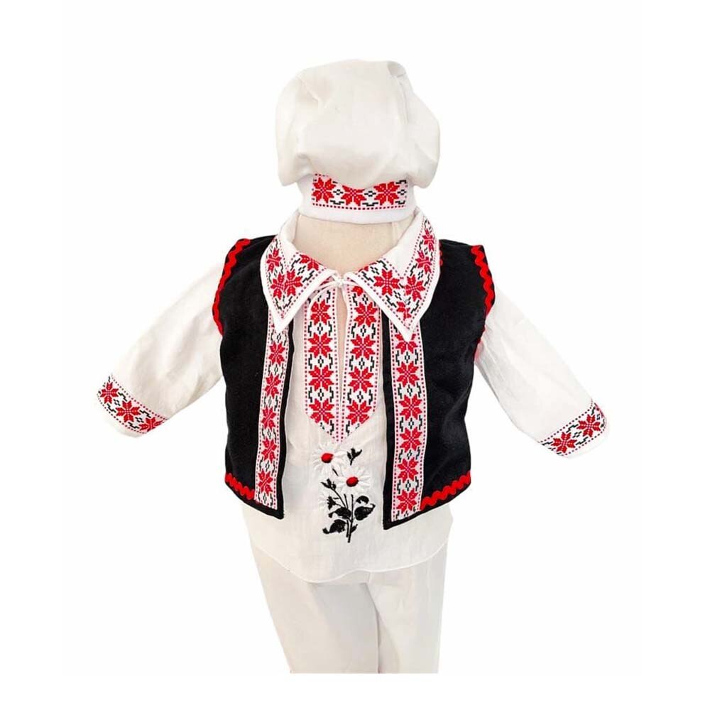 Costum traditional bebe baietel, 9 - 12 luni, Rosu, vesta neagra ...