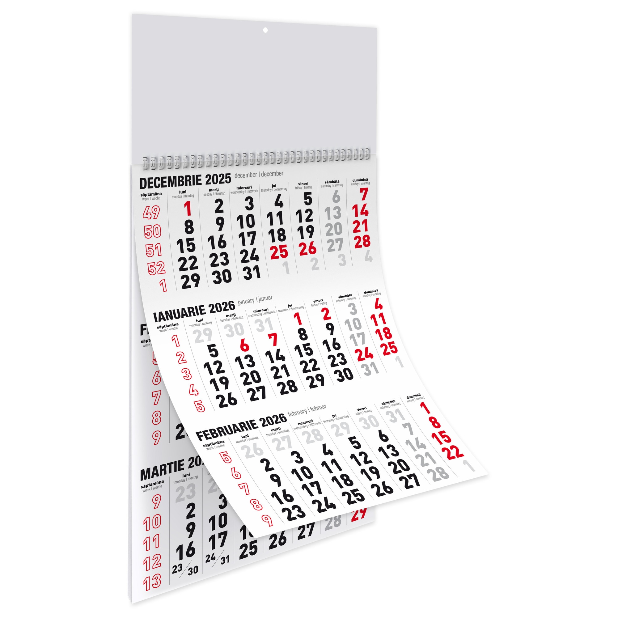 Calendar triptic A3 2026 12 file hartie mata, negru si rosu - eMAG.ro