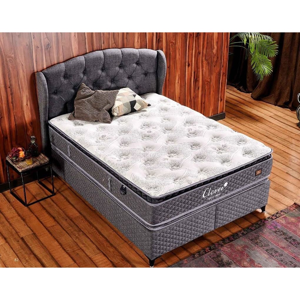 Set Pat tapitat Clover, cu saltea ortopedica inclusa, somiera ...