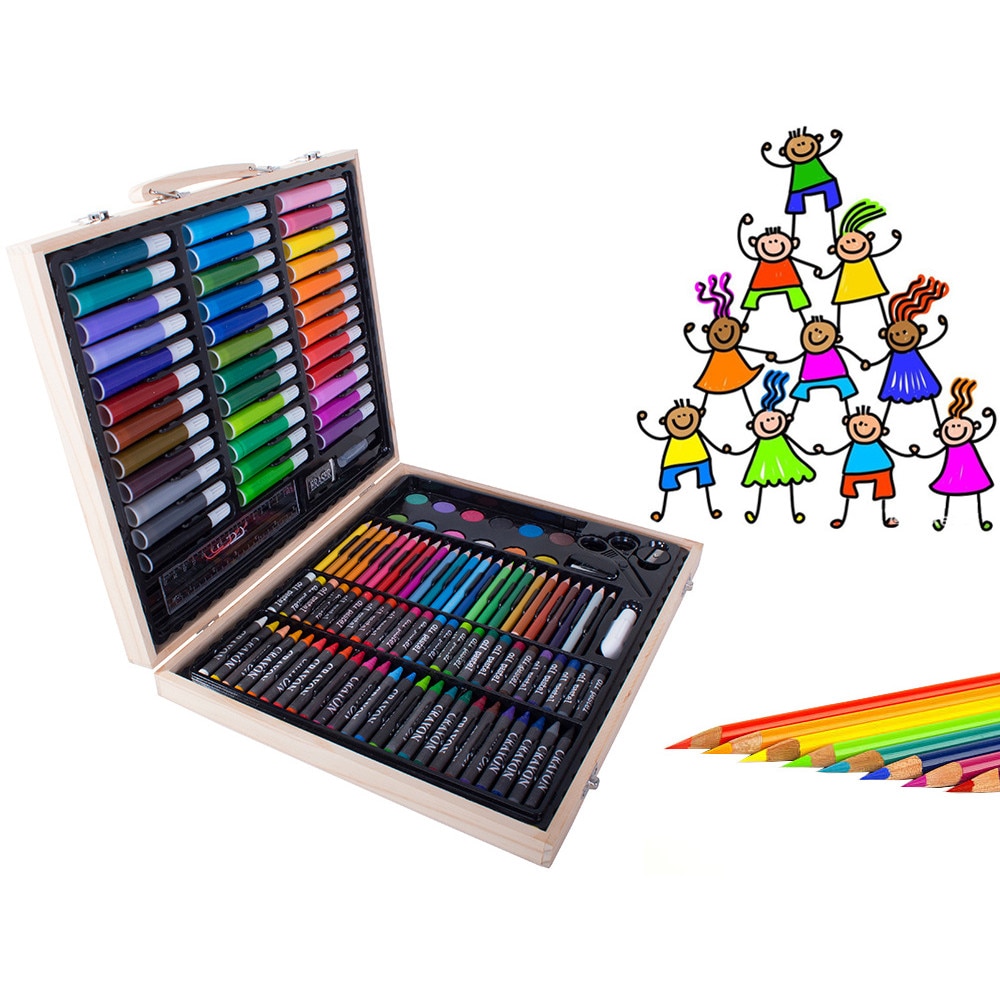 Set 150 Piese pentru Pictura si Desen, Geanta Depozitare din Lemn ...