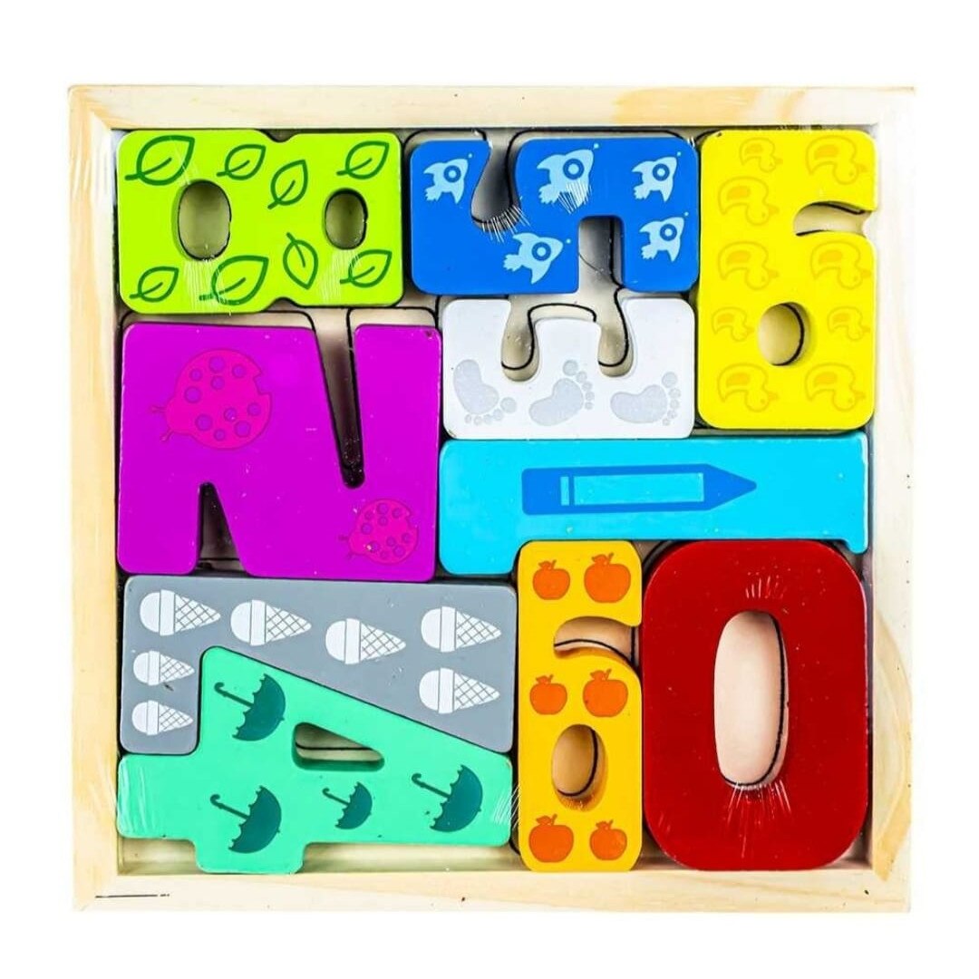 Tetris si puzzle din lemn cu cifre colorate 0-9, Montessori, 10 piese ...