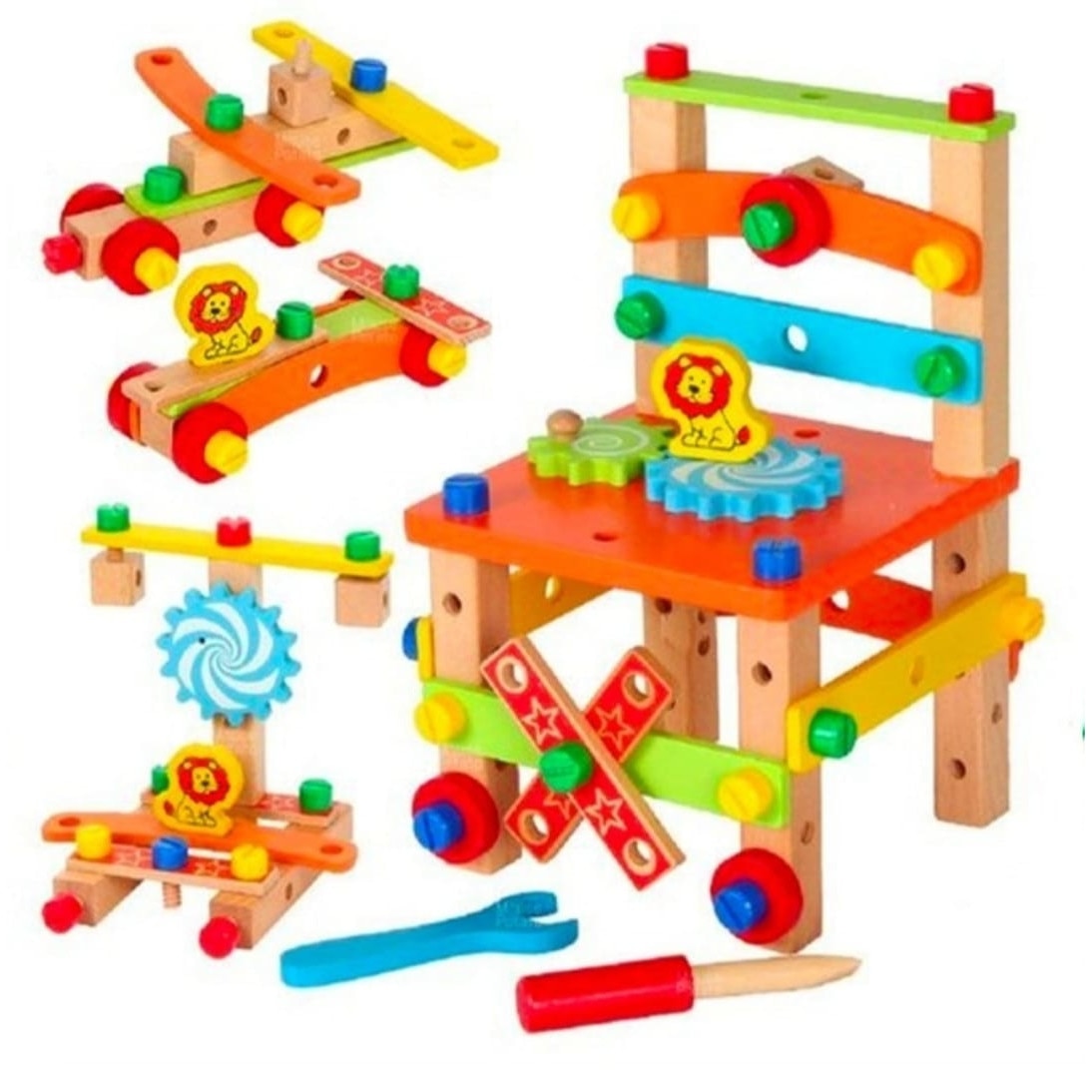 Joc Montessori pentru asamblat cu suruburi din lemn - scaun, avion ...