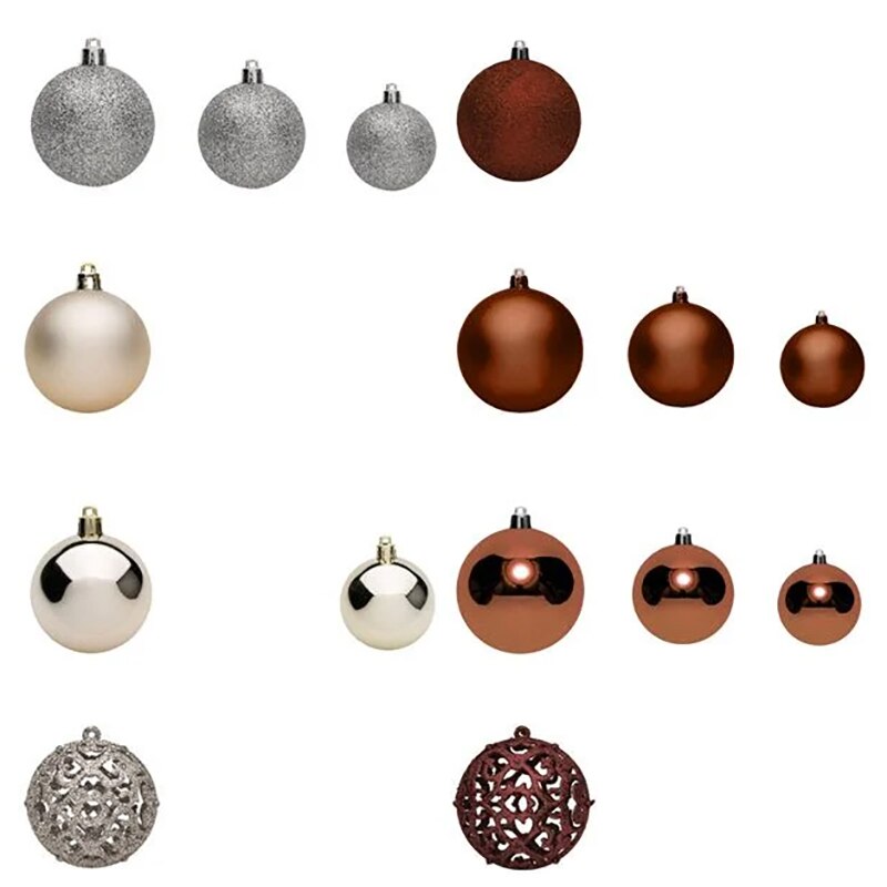 Комплект коледни топки, 50 броя, 3 размера, Мат, Блестящ, Перфориран ...