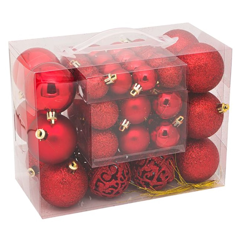 Комплект коледни топки, 50 броя, 3 размера, Мат, Блестящ, Перфориран ...