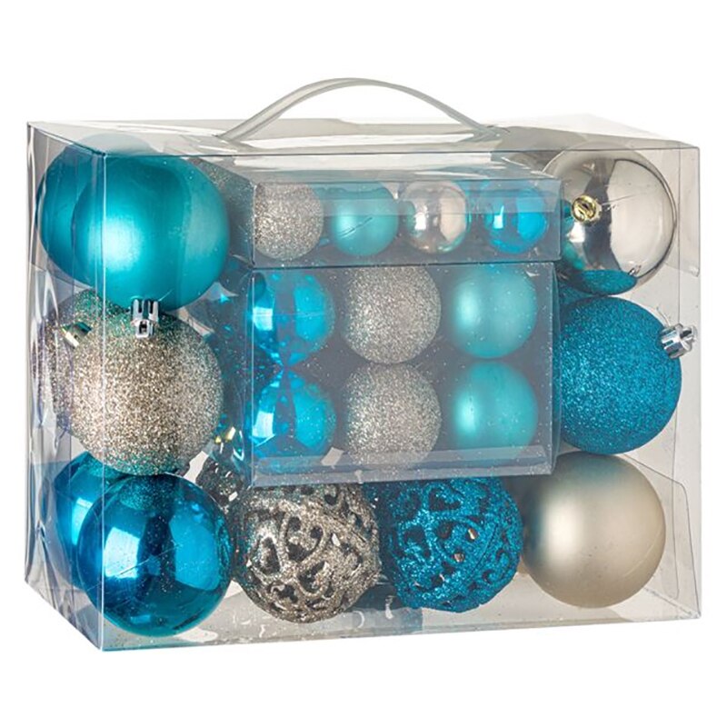 Комплект коледни топки, 50 броя, 3 размера, Мат, Блестящ, Перфориран ...