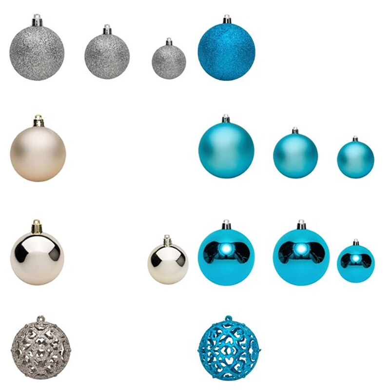 Комплект коледни топки, 50 броя, 3 размера, Мат, Блестящ, Перфориран ...