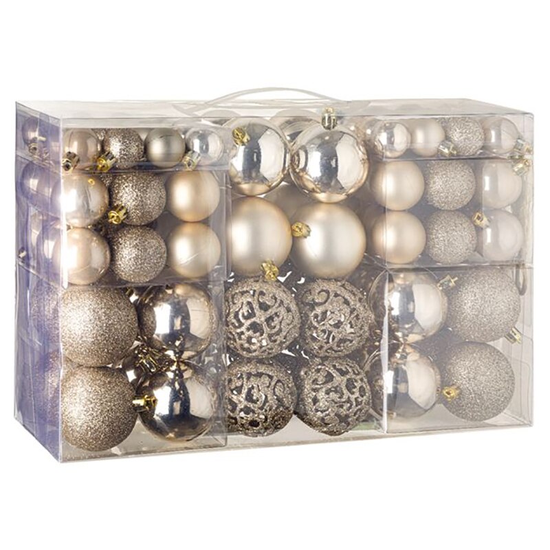 Комплект коледни топки, 100 броя, 3 размера, Мат, Блестящ, Перфориран ...