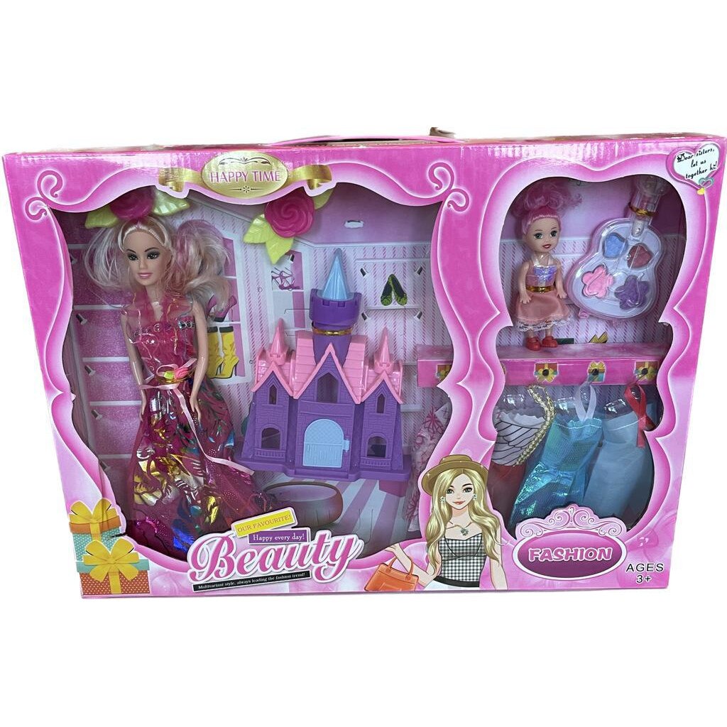 Set papusa si castel cu garderoba si accesorii, 10 piese, multicolor ...