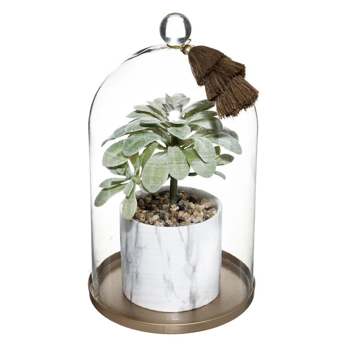 Decoratiune Clopot sticla, baza metalica si planta decorativa,15.3 cm x ...