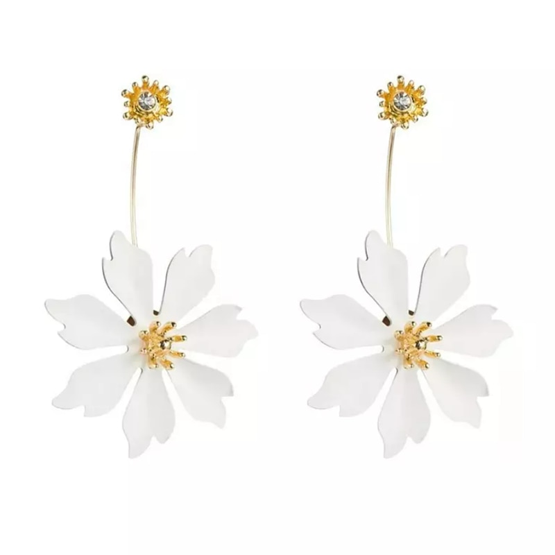 Cercei dama, model hawaian, floare alba, cristale, detaliu auriu, EFAYN ...