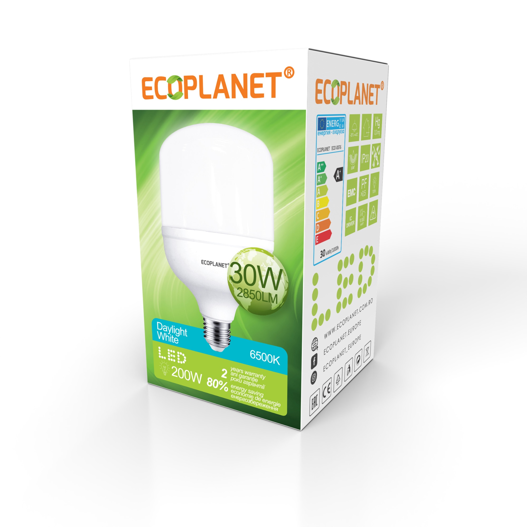 Set 3 buc - Bec LED Ecoplanet T100 forma cilindrica, E27, 30W (200W ...