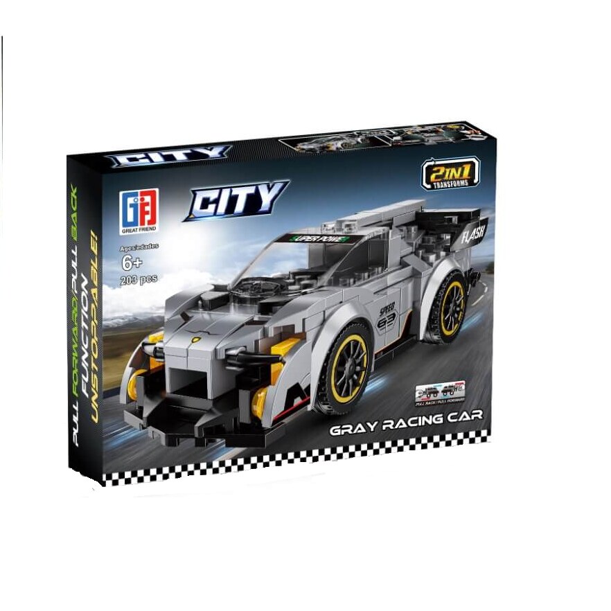 Set de constructie, Masinuta tranformabila in Robot, Gray Racing Car ...