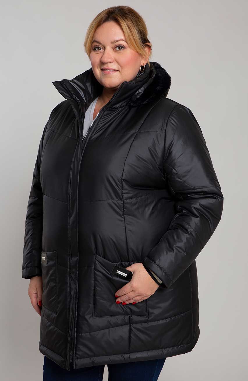 Geaca lunga de iarna pentru femei, MDR24, negru, cu gluga, marimea 48 ...