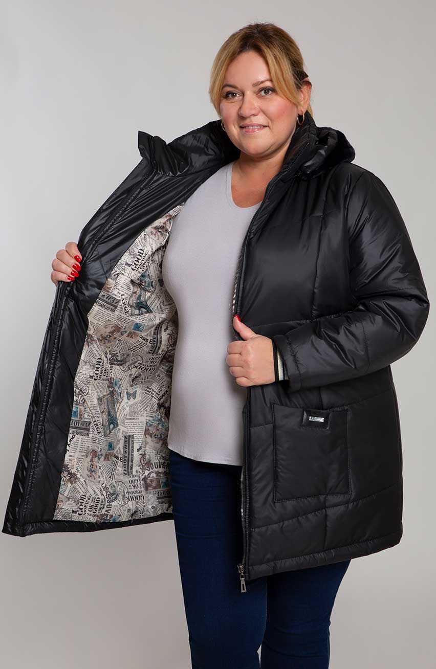 Geaca lunga de iarna pentru femei, MDR24, negru, cu gluga, marimea 48 ...