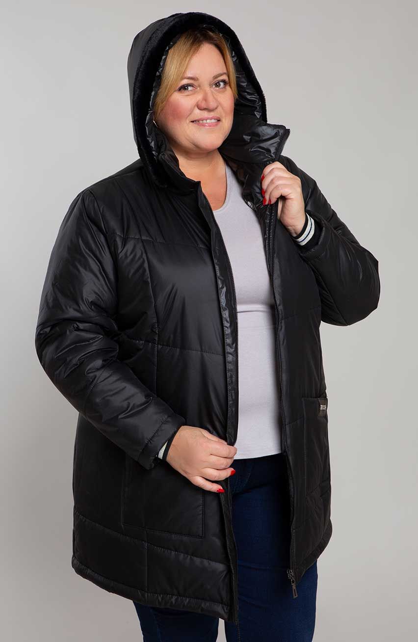 Geaca lunga de iarna pentru femei, MDR24, negru, cu gluga, marimea 48 ...