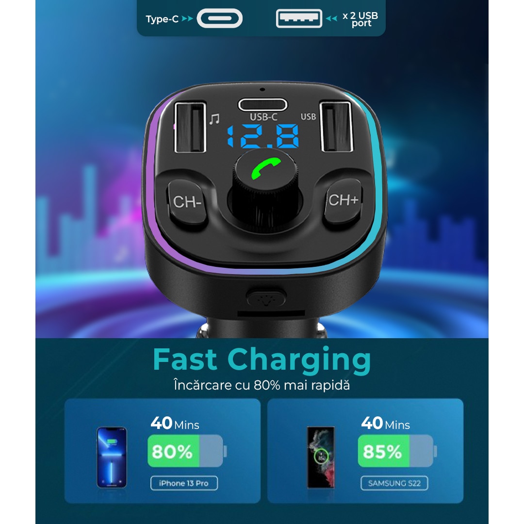 Modulator FM, Handsfree Kit cu 10 functii, Incarcator auto cu functie ...